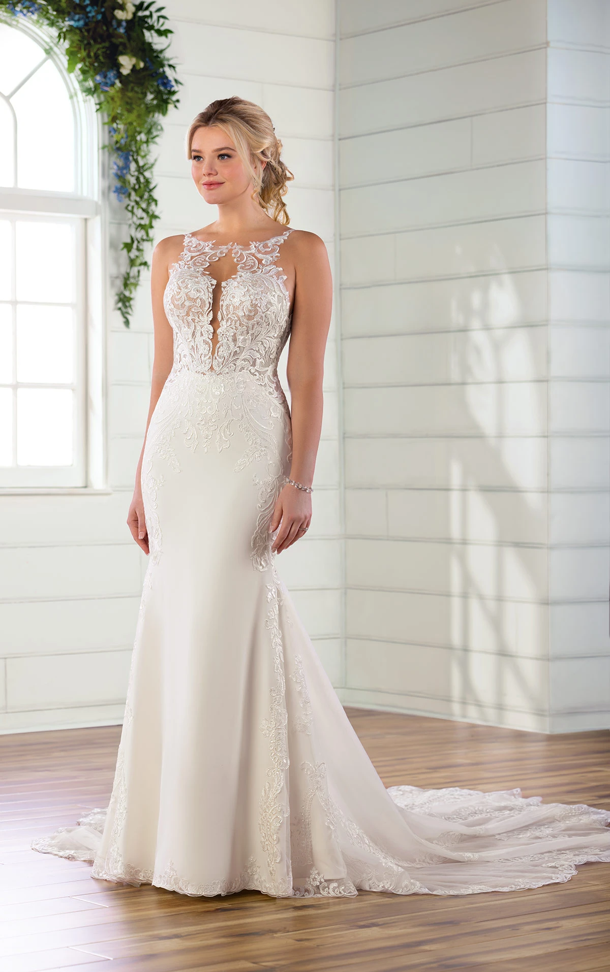 Romantic High Neckline Fit and Flare Wedding Gown With Shaped Train Romantic High Neckline Fit and Flare Wedding Gown With Shaped Train