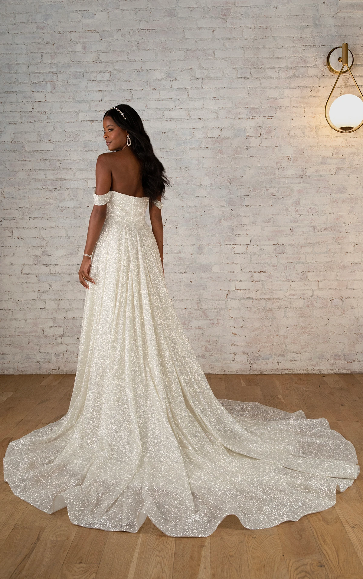 Glittery Tulle Fit-and-Flare Bridal Gown with a Removable Overskirt